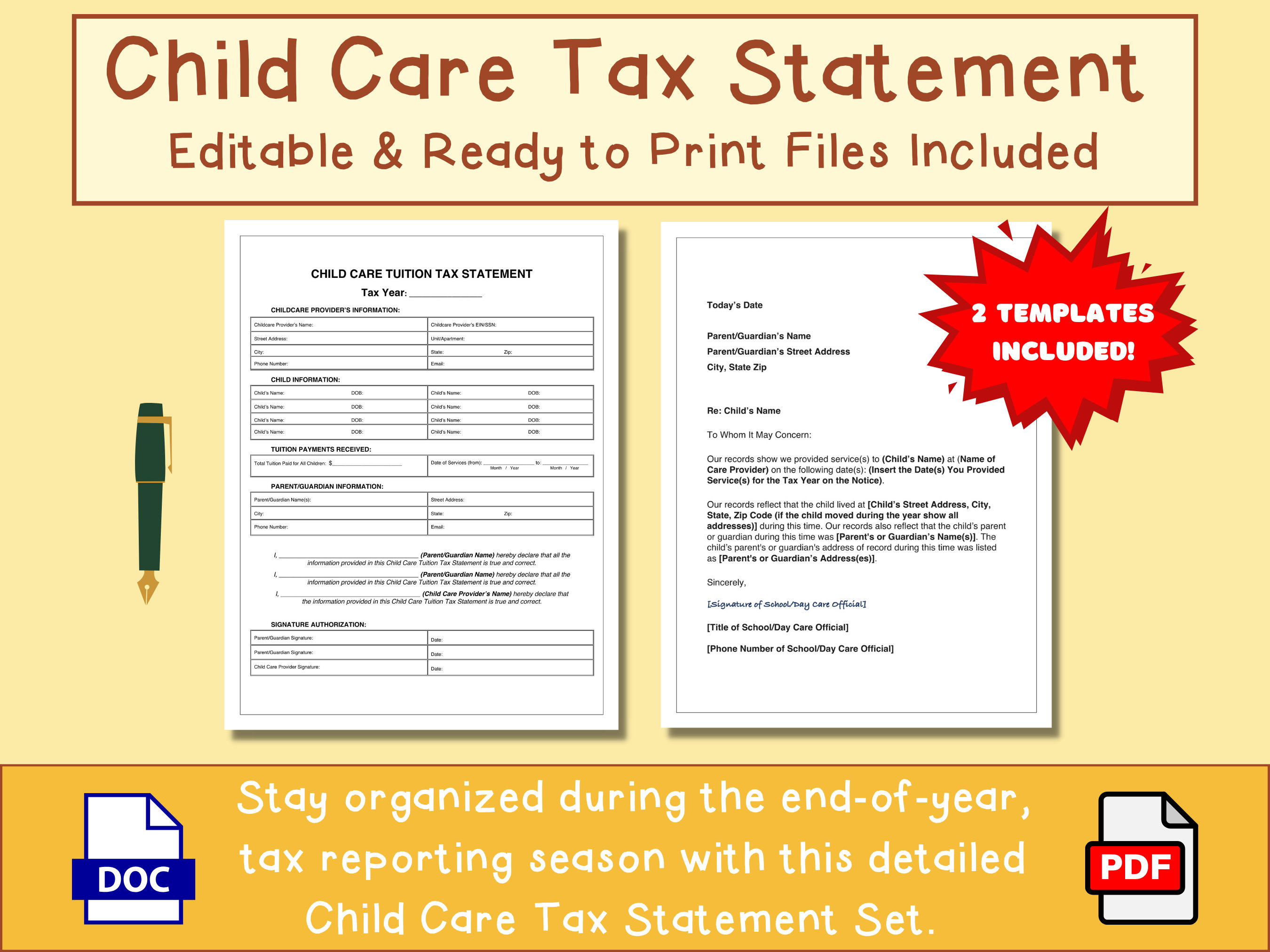 End of Year Child Care / Daycare Tax Statement | Keep A Detailed Record ...