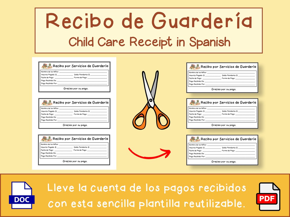 Child Care / Daycare Receipt in Spanish | Recibo De Guardería | Provide ...