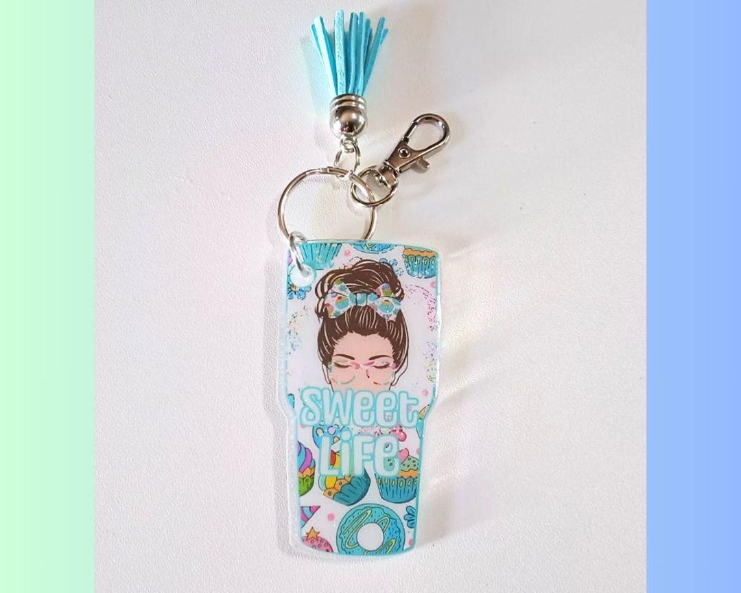 Sweet Life Messy Bun Tumbler Cup Keychain Glitter Resin With Tassel ...