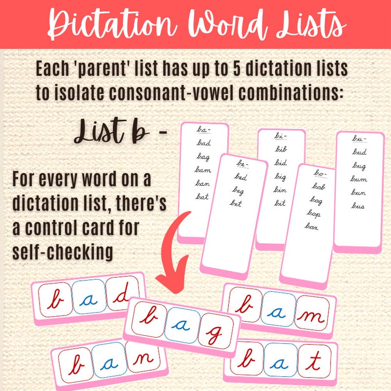 Montessori Cursive CVC Words Pink Series Cards: Elementary Moveable ...