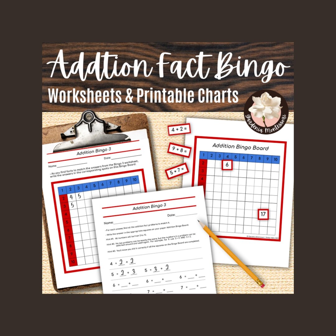 Montessori Addition Facts Worksheets: Elementary Math Bingo Charts ...