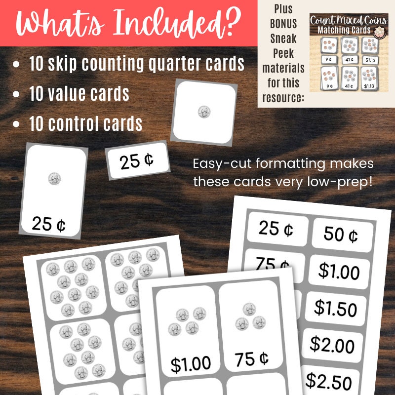 Quarter Cards Money Math Printables Coin Counting Quarters Learning ...