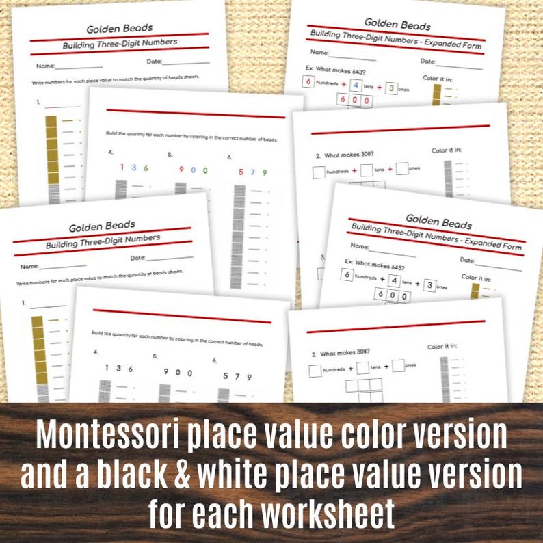 Montessori Golden Beads Worksheets: Place Value, Number Composition ...