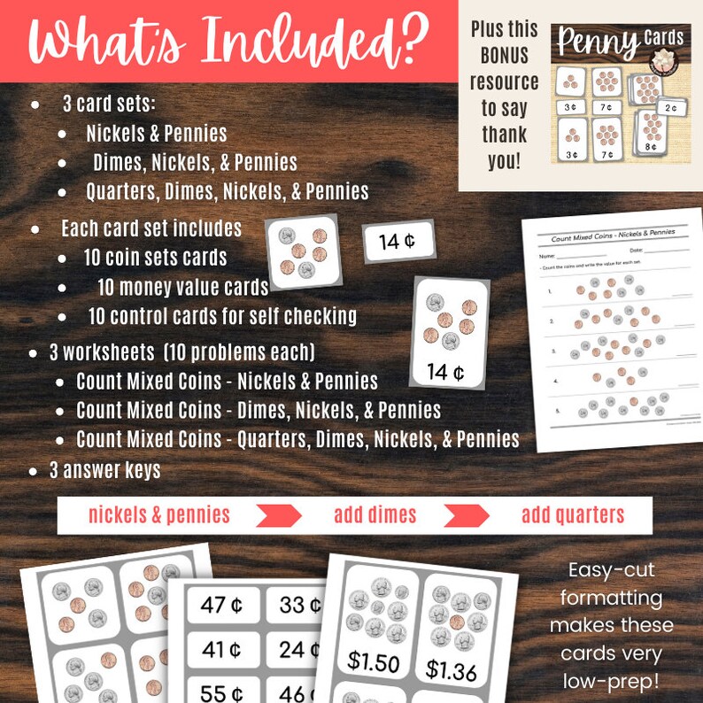 Montessori Counting Coins Learning Cards: Money Math Worksheets for ...