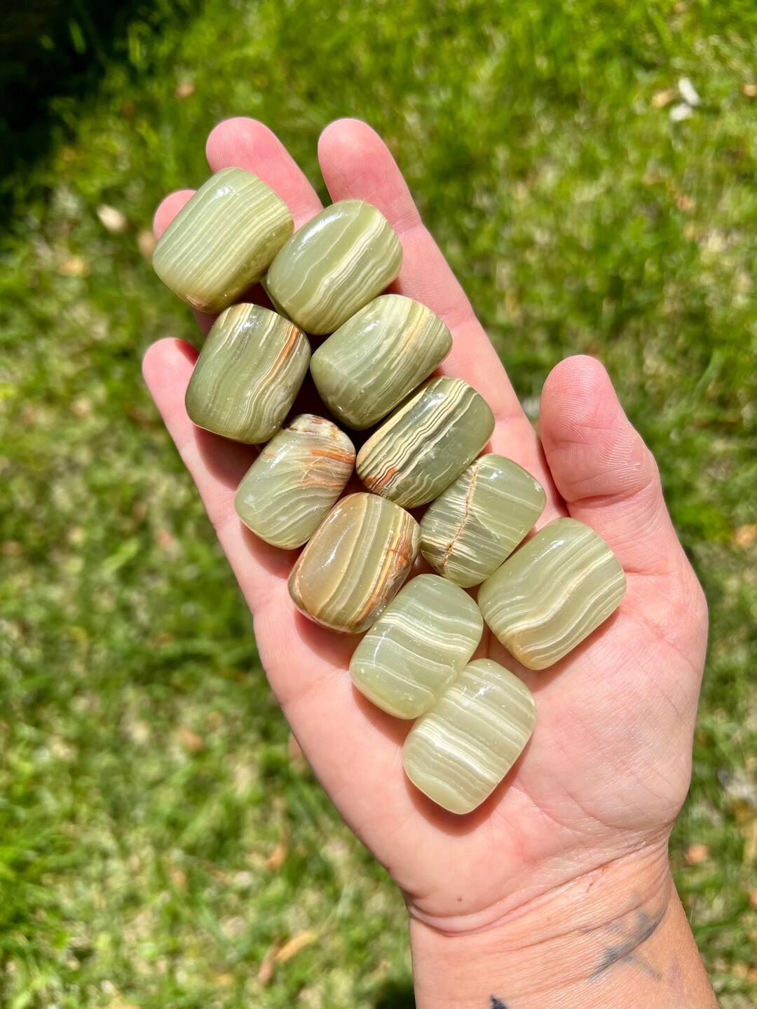 Green Onyx Tumbled Stones | Banded Green Onyx Pocket Stones - Etsy
