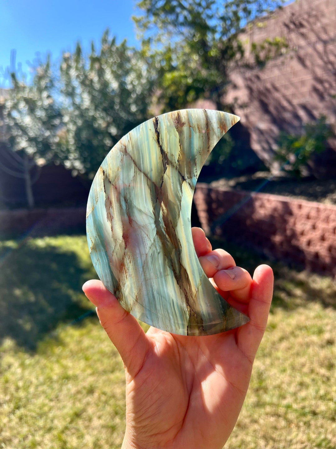 Aquatine Lemurian Calcite Crescent Moon Carving | Blue Onyx Stone ...