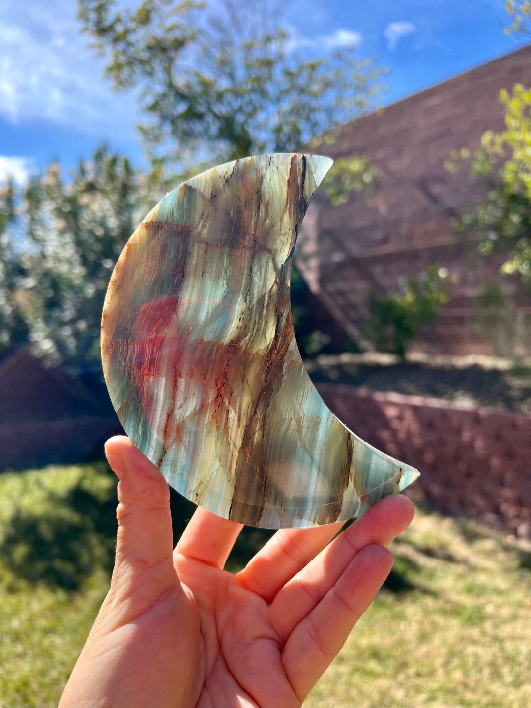 Aquatine Lemurian Calcite Crescent Moon Carving | Blue Onyx Stone ...