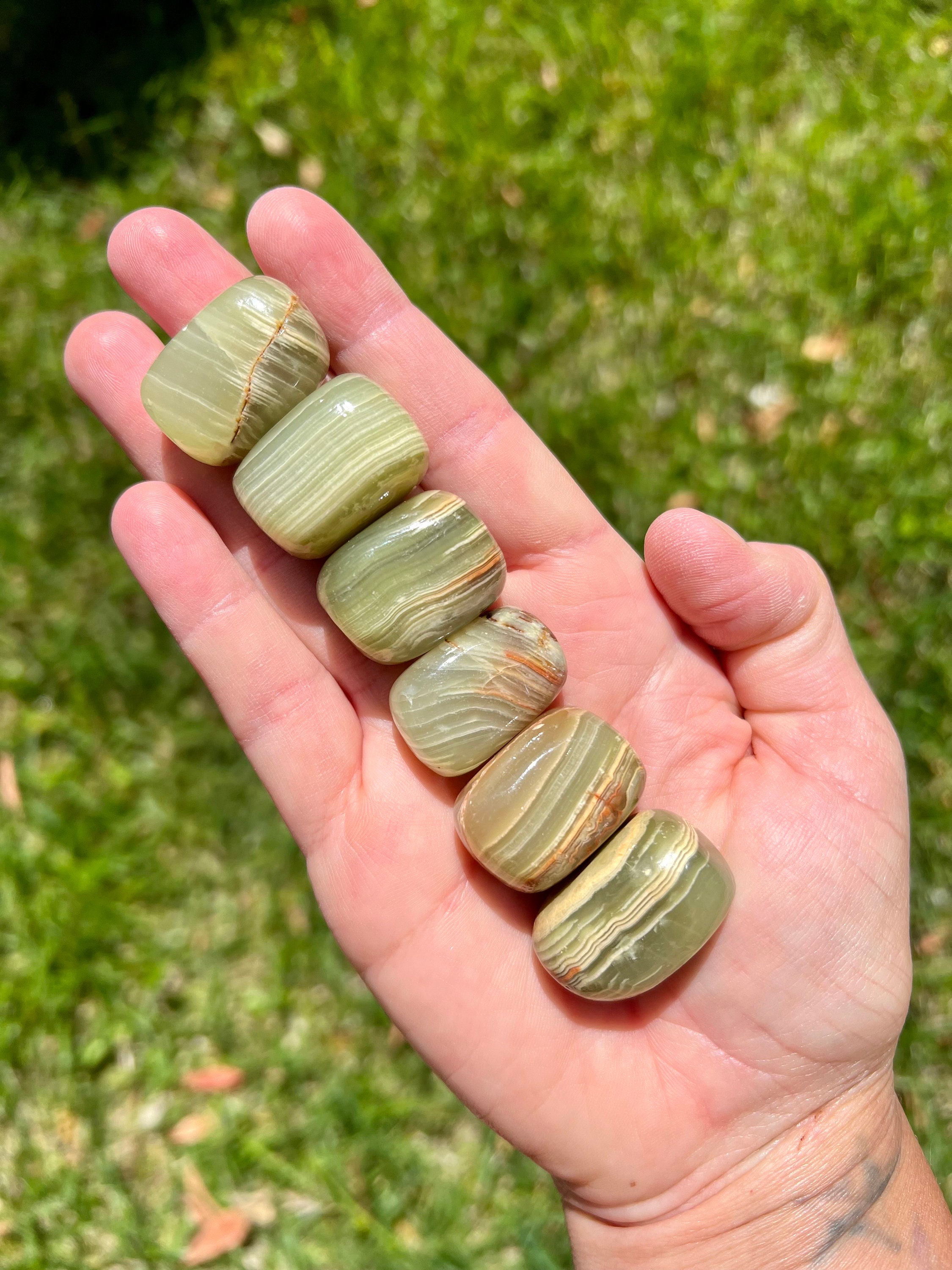 Green Onyx Tumbled Stones | Banded Green Onyx Pocket Stones - Etsy