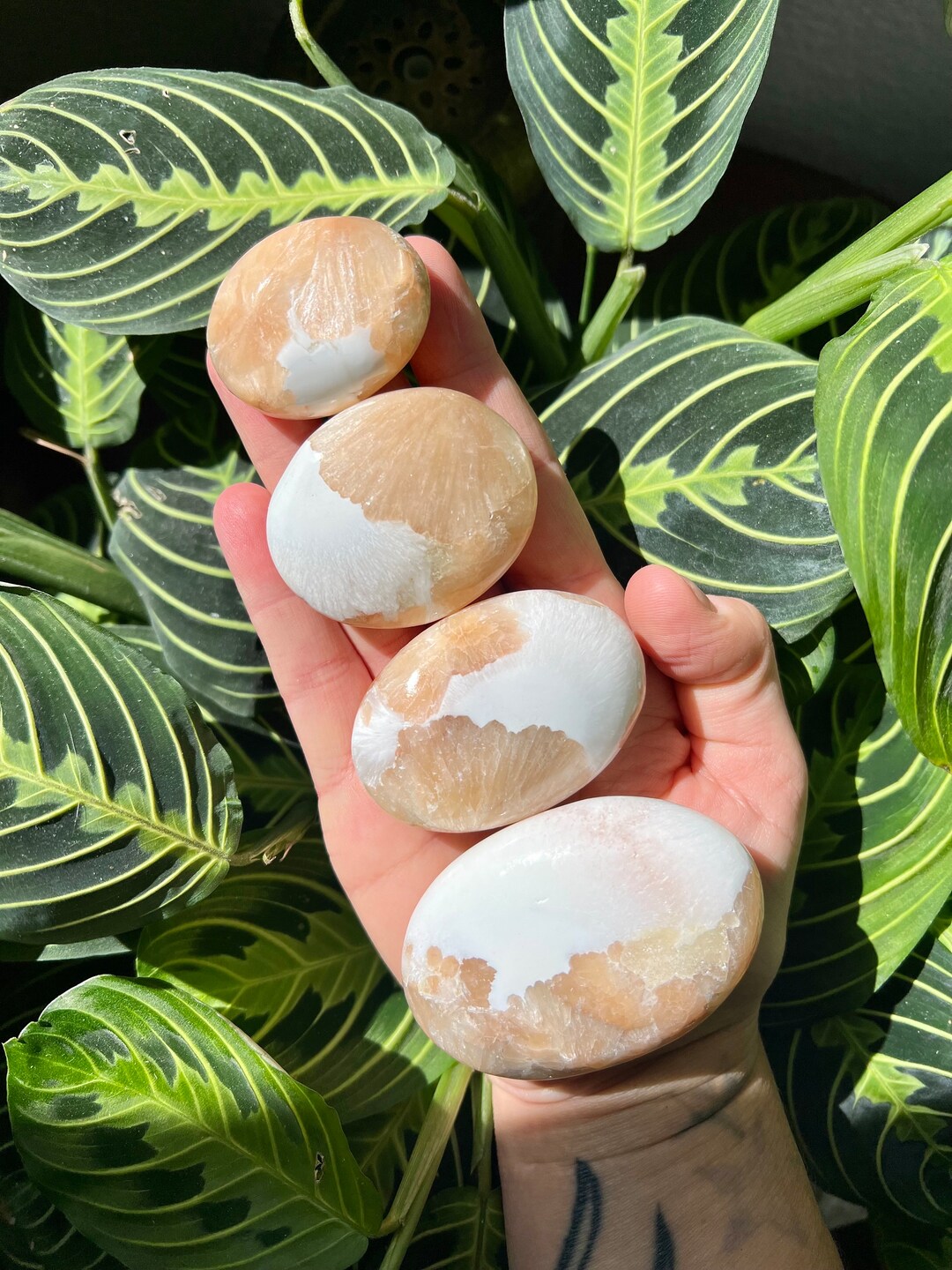 Peach Stilbite & Pink Scolecite Palm Stones | Stilbite Scolecite Pocket ...