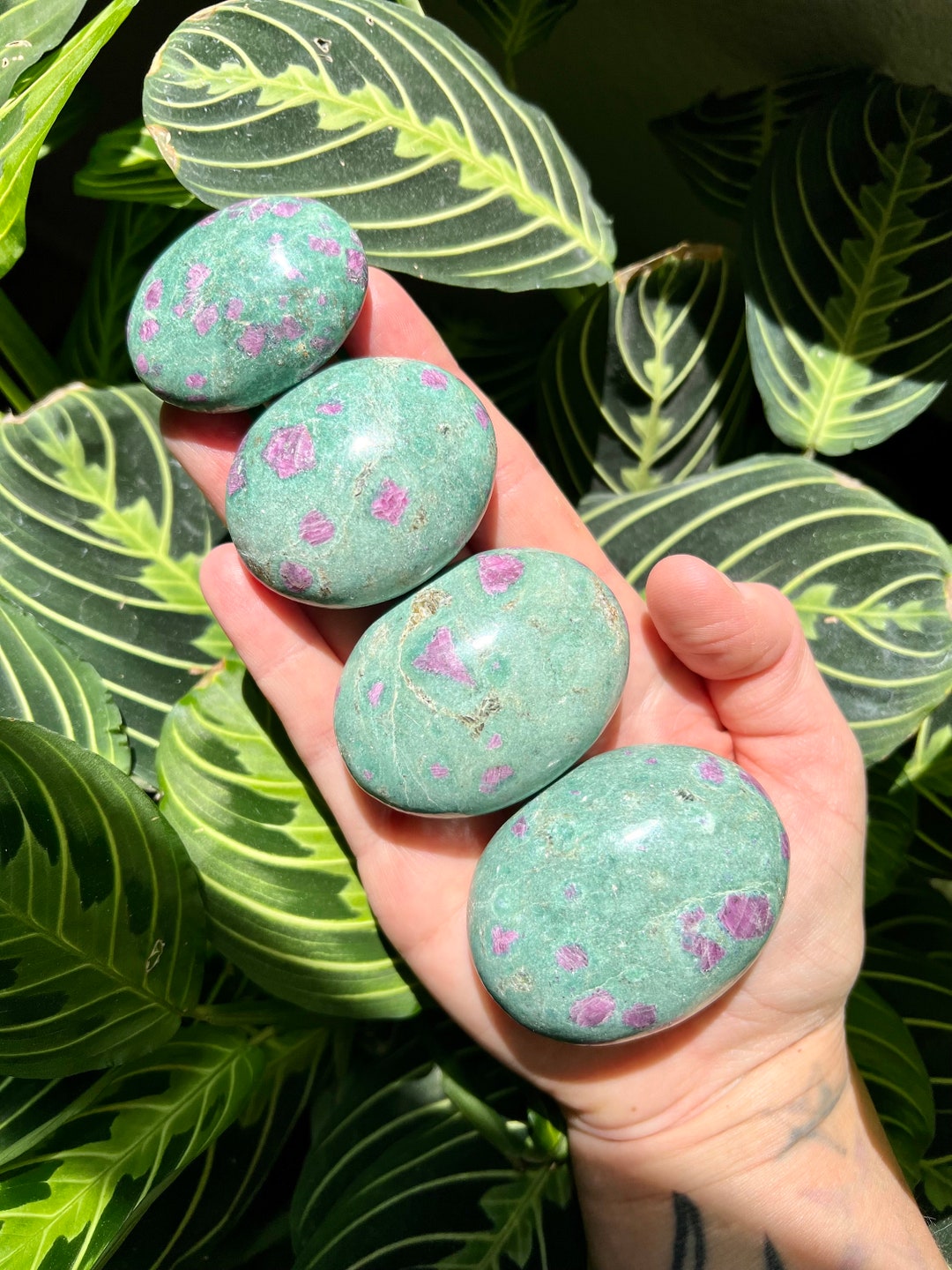 Ruby in Fuchsite Palm Stones | UV Reactive Ruby Fuchsite Pocket Stones ...