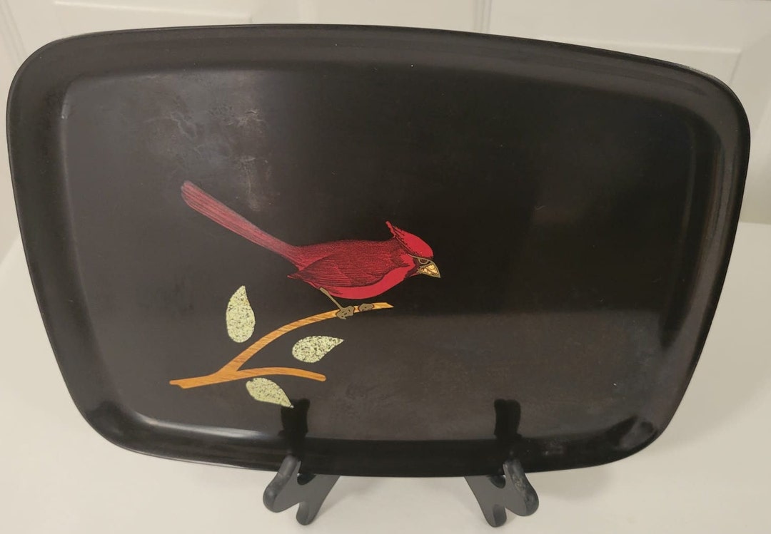 Unique Couroc of Monterrey Black Lacquer Tray With Red Cardinal Branch ...