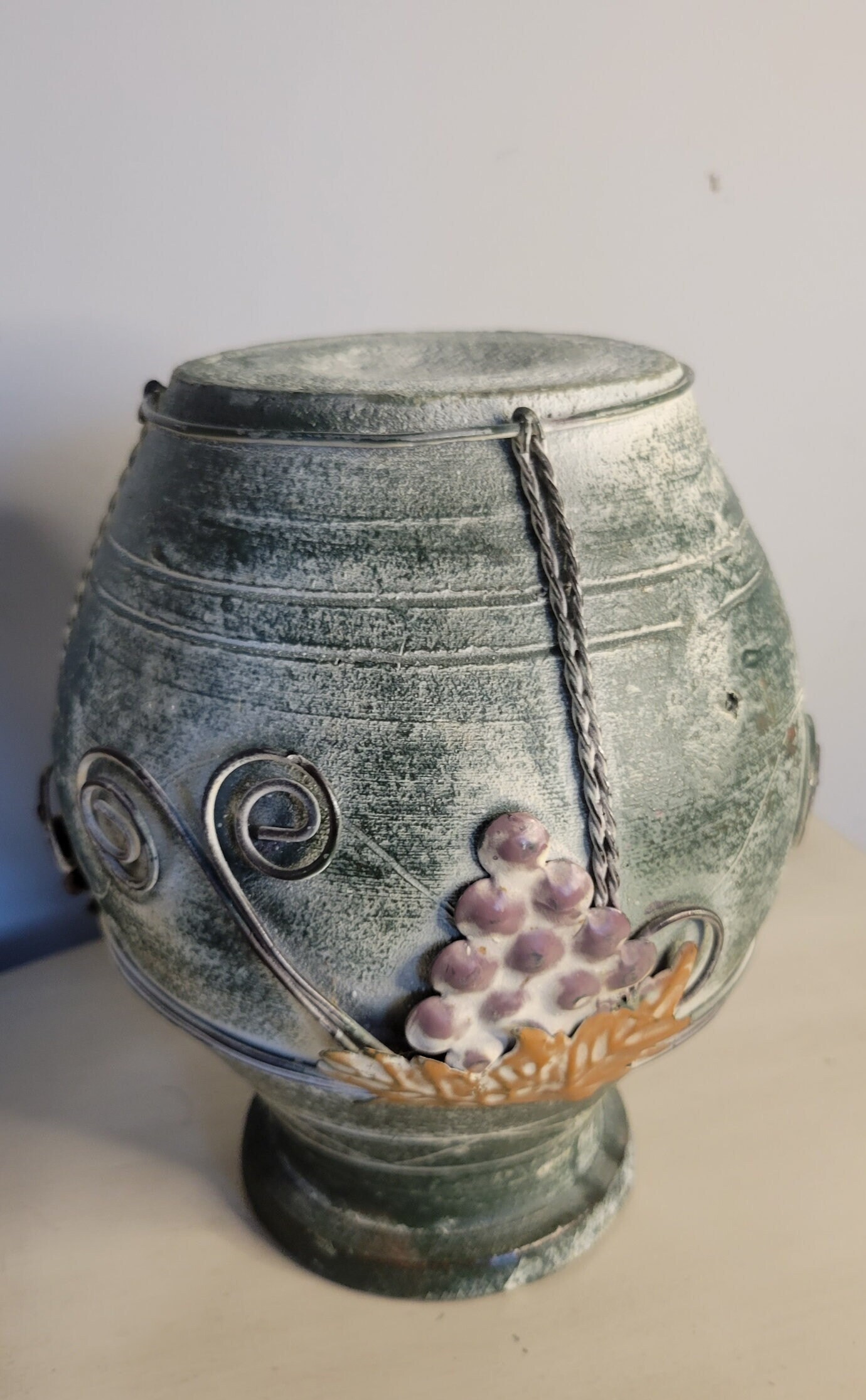 Green Vintage Pottery Vase With Metal Grape Accent. - Etsy