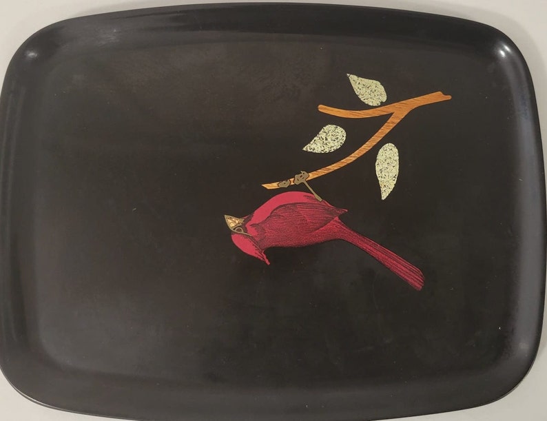 Unique Couroc of Monterrey Black Lacquer Tray With Red Cardinal Branch ...
