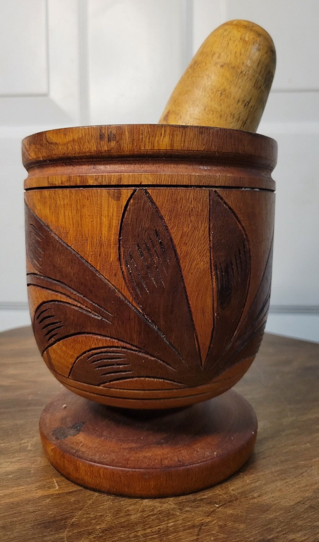 Vintage | Hand Carved Wooden Mortal & Pestle Length 7" Width 5" Pestle 7" - Etsy