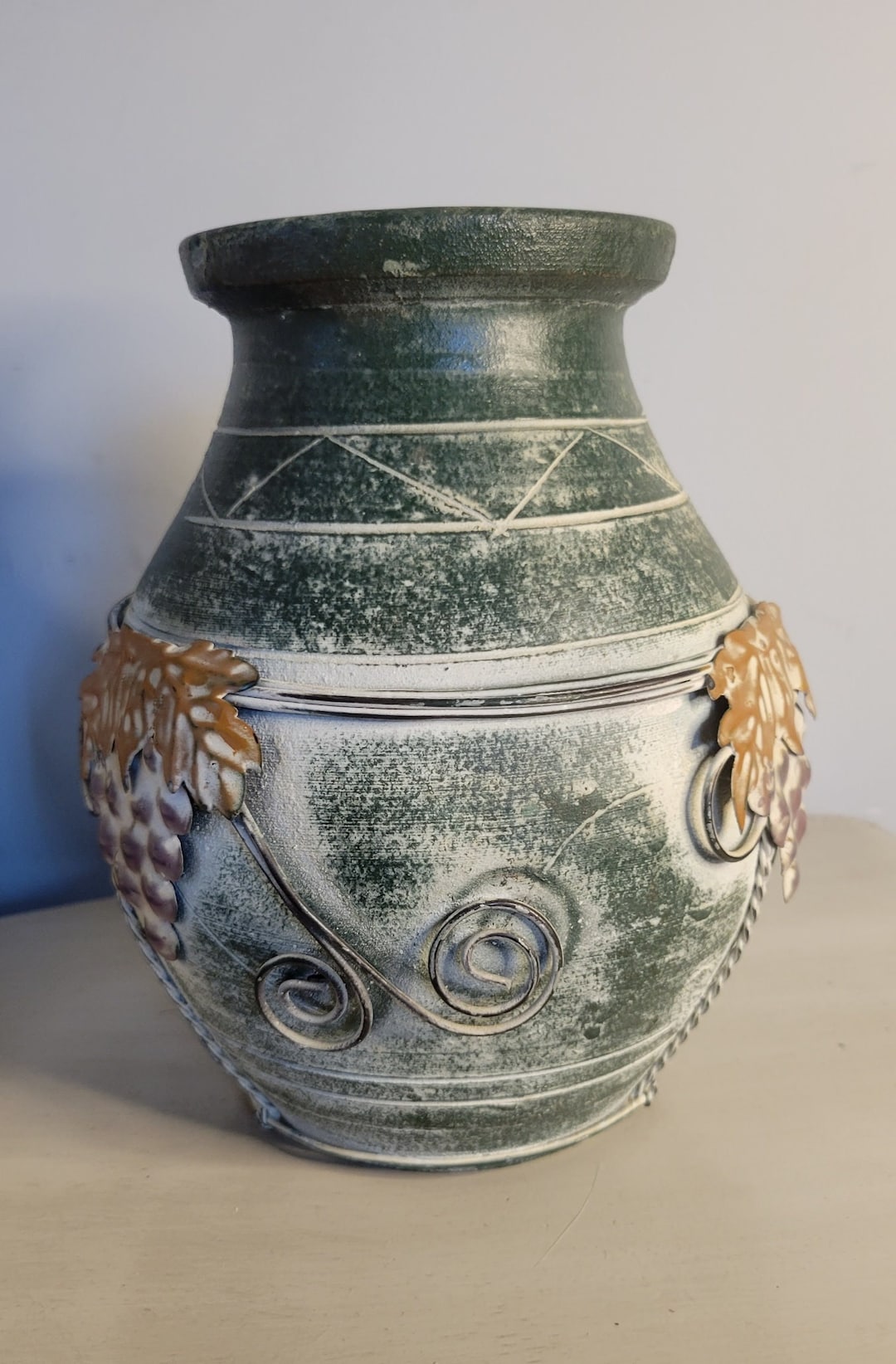Green Vintage Pottery Vase With Metal Grape Accent. - Etsy