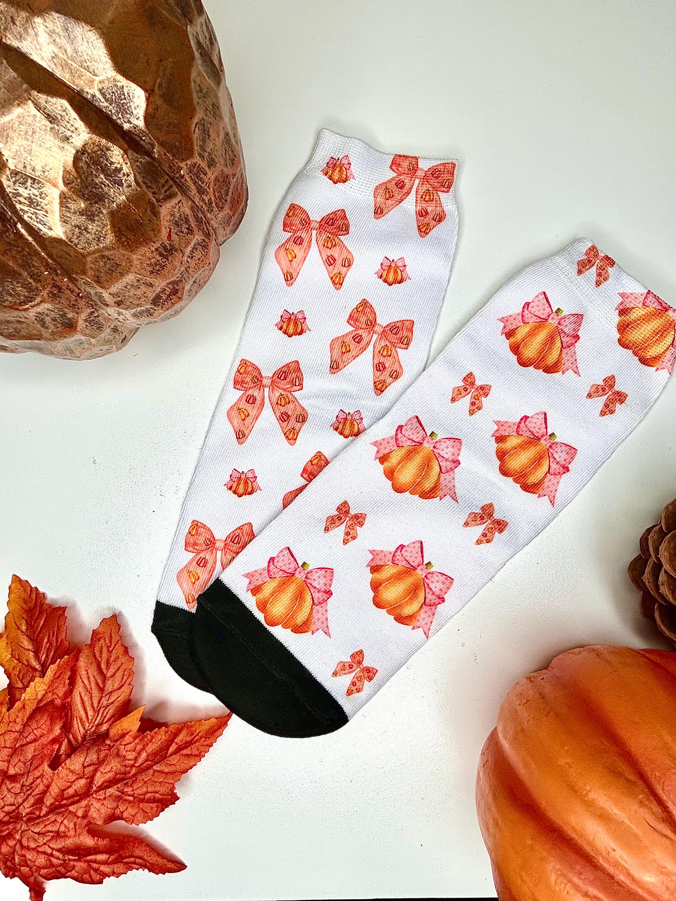 Coquette Bows and Pumpkin Themed Fall Mismatched Crew Socks, Pumpkin ...