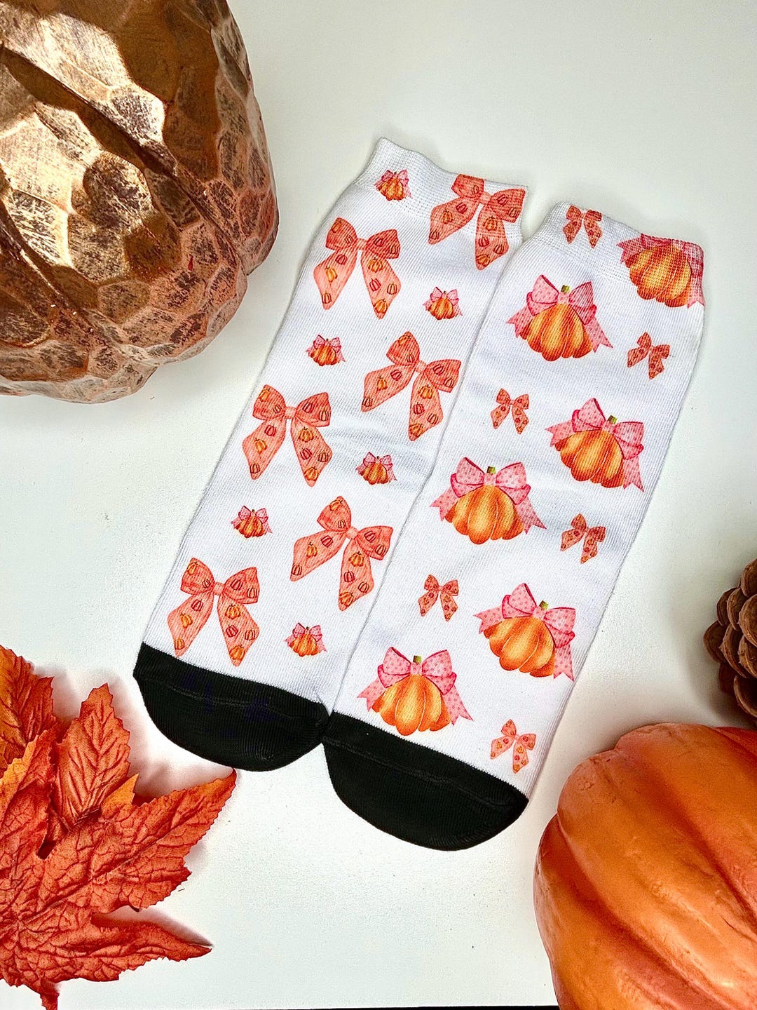 Coquette Bows and Pumpkin Themed Fall Mismatched Crew Socks, Pumpkin ...