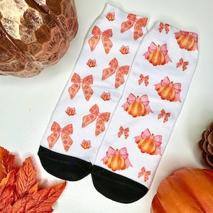 Coquette Bows and Pumpkin Themed Fall Mismatched Crew Socks, Pumpkin ...