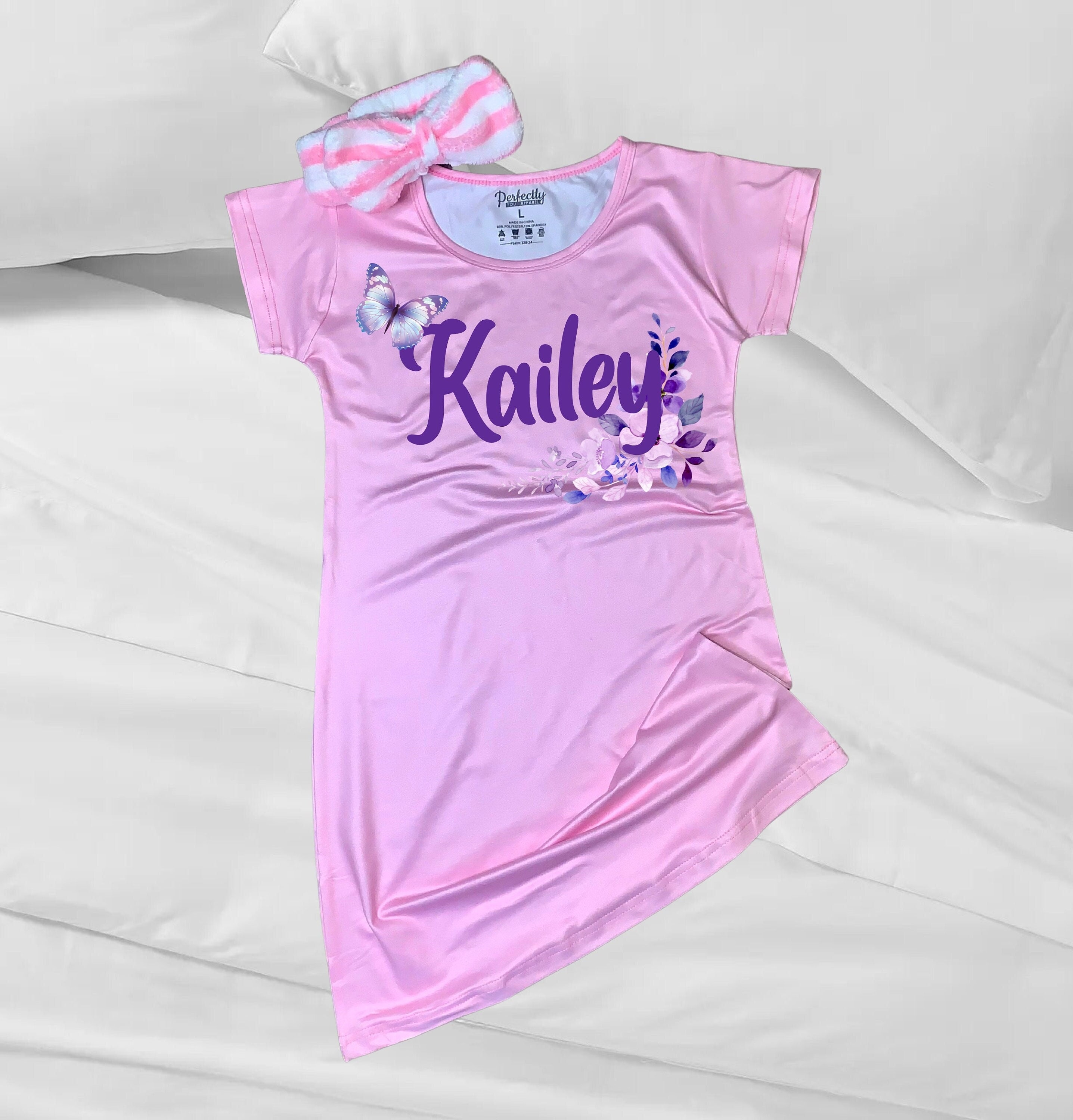 Custom Name Girls Flower Nightgowns, Personalized Floral Pink Sleep Set ...