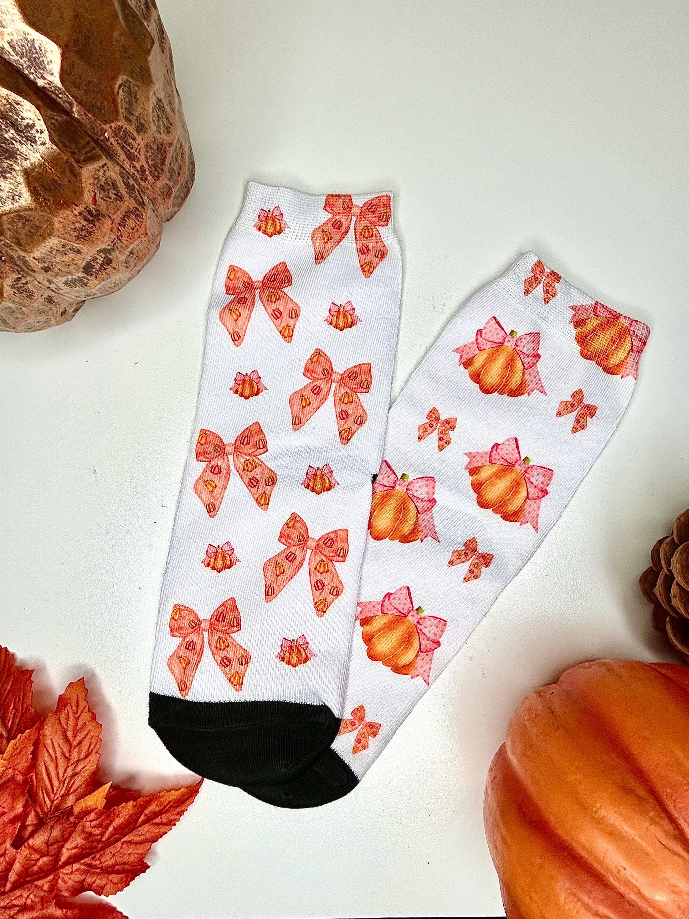 Coquette Bows and Pumpkin Themed Fall Mismatched Crew Socks, Pumpkin ...