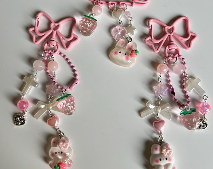 HANDMADE Cute Coquette Strawberry Bunny Keychains,pastel Aesthetic ...