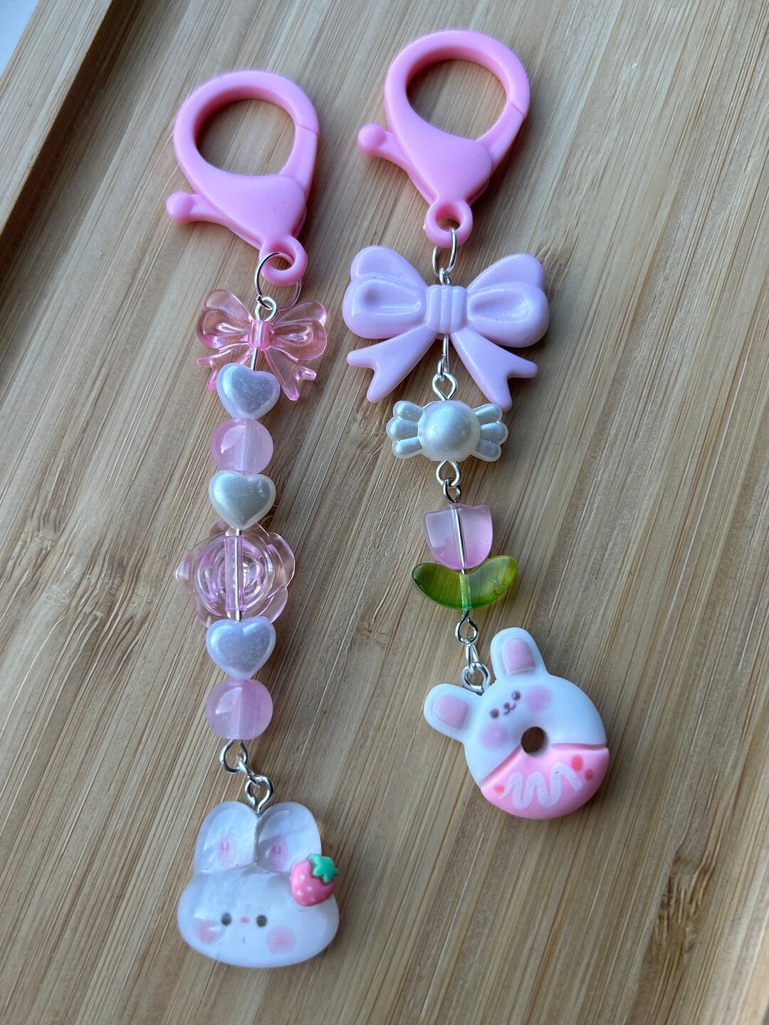 HANDMADE Cute Pink Kawaii Bunny Keychains, Beaded Jewelry, Beaded ...