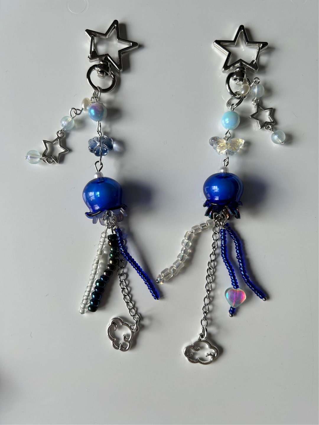 HANDMADE Cute Star Clasp Moody Blue Jellyfish Keychains, Beaded ...