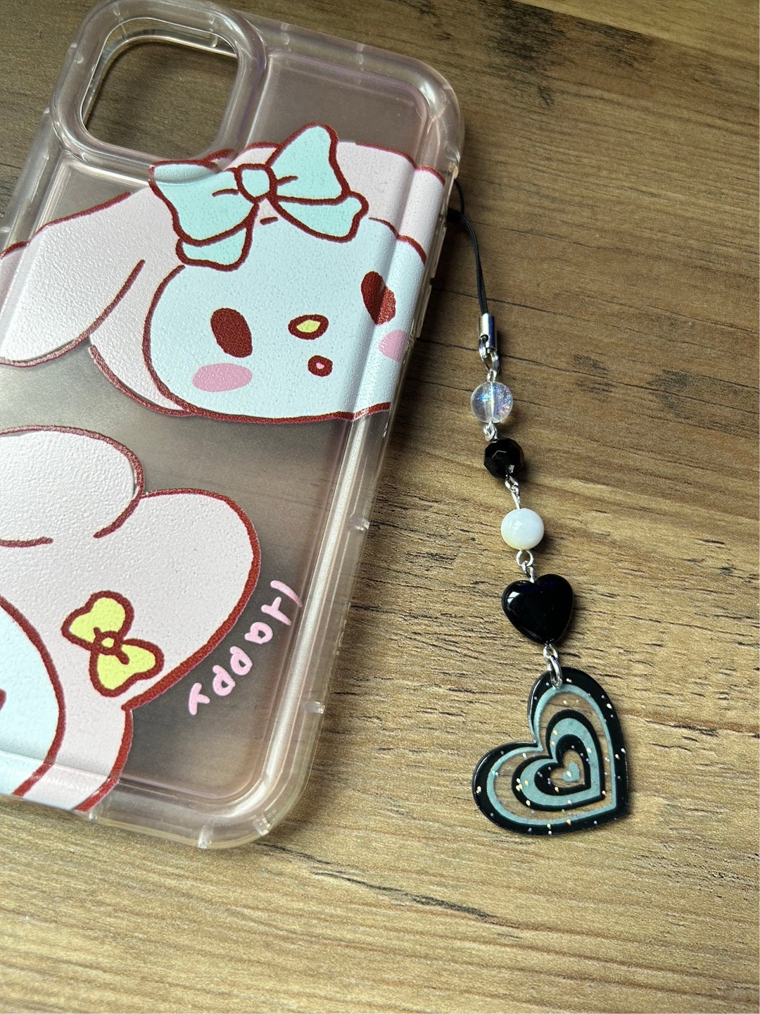 HANDMADE Cute Kawaii Black Heart Phone Charm, Beaded Accessories ...