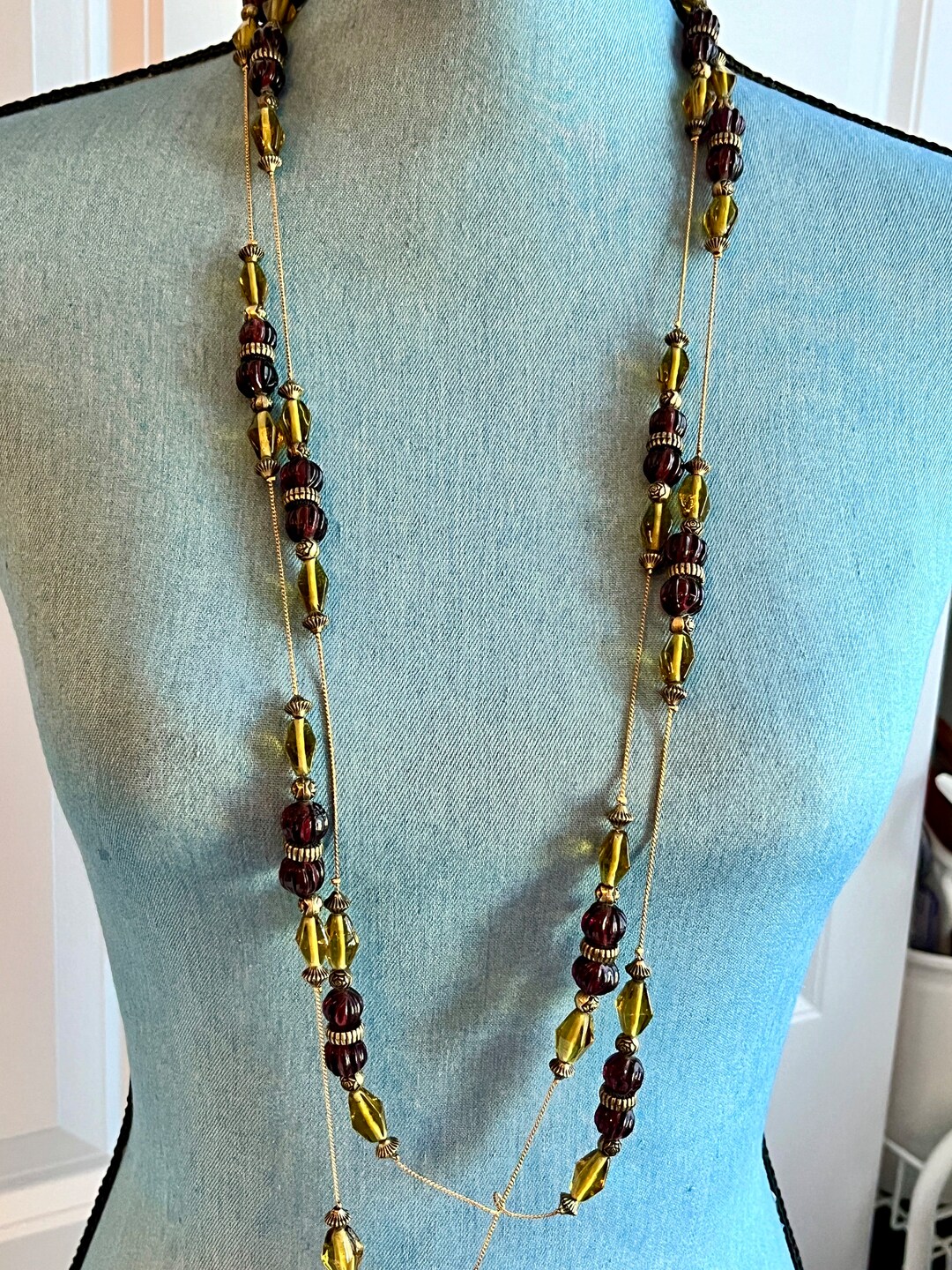Coldwater Creek Beaded Necklace: Plum Wine Amber, Gold Chain, 36" - Etsy