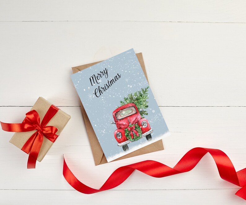 Printable Christmas Card With Red Truck| Digital Download| Printable ...