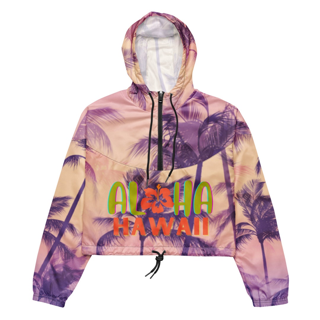 Vintage Hawaiian Print Women’s Cropped Windbreaker, Stylish Hawaiian ...