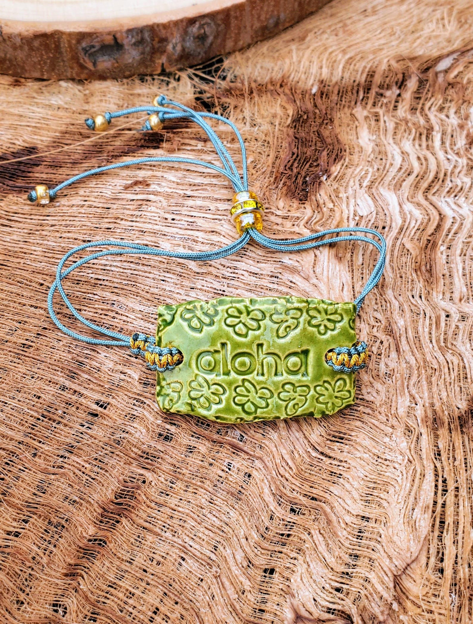 Aloha Lei Hand-sculpted Green Square Ceramic Bracelet With Braided ...