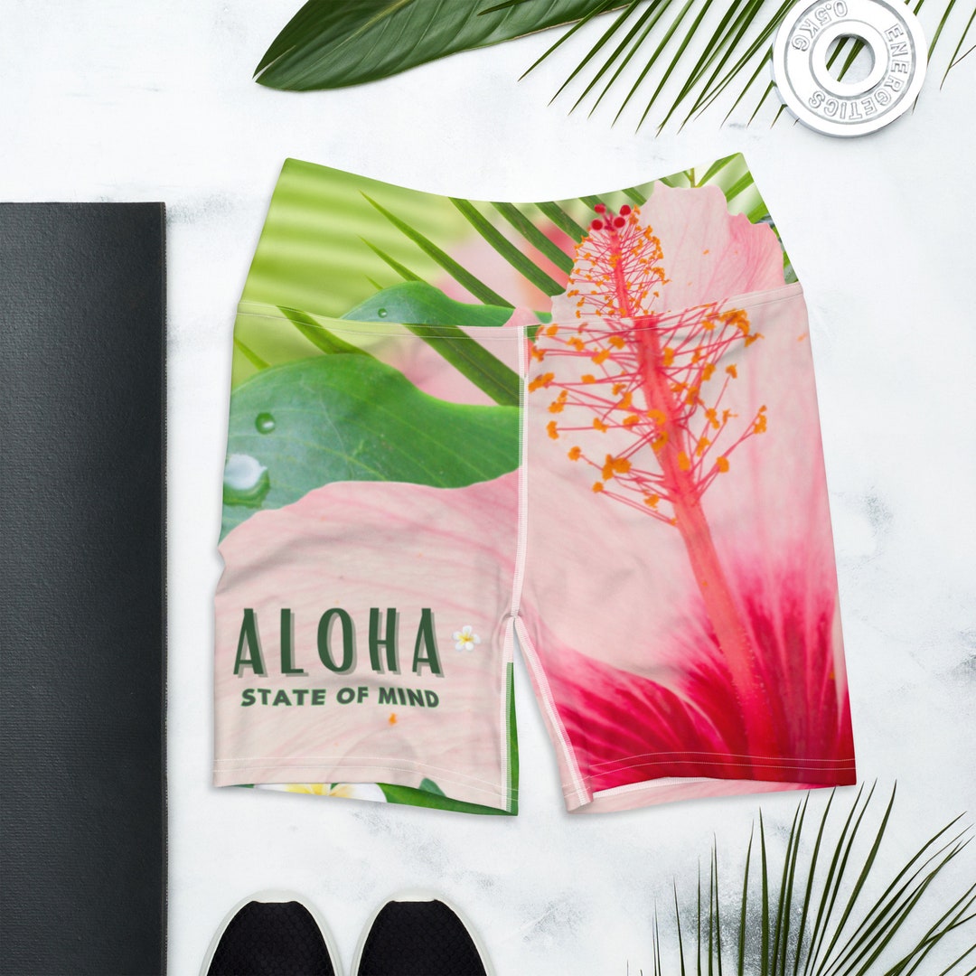 Aloha State of Mind Pink Hibiscus Yoga Shorts, Aloha Exercise Shorts ...