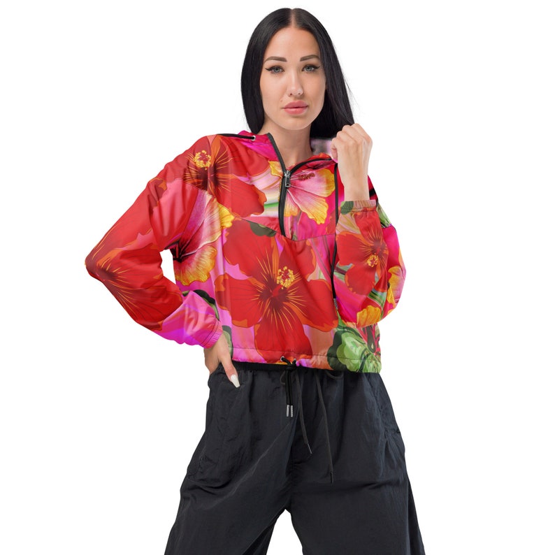 Bloom Where You Are Planted Women’s Cropped Windbreaker, Hibiscus Print ...