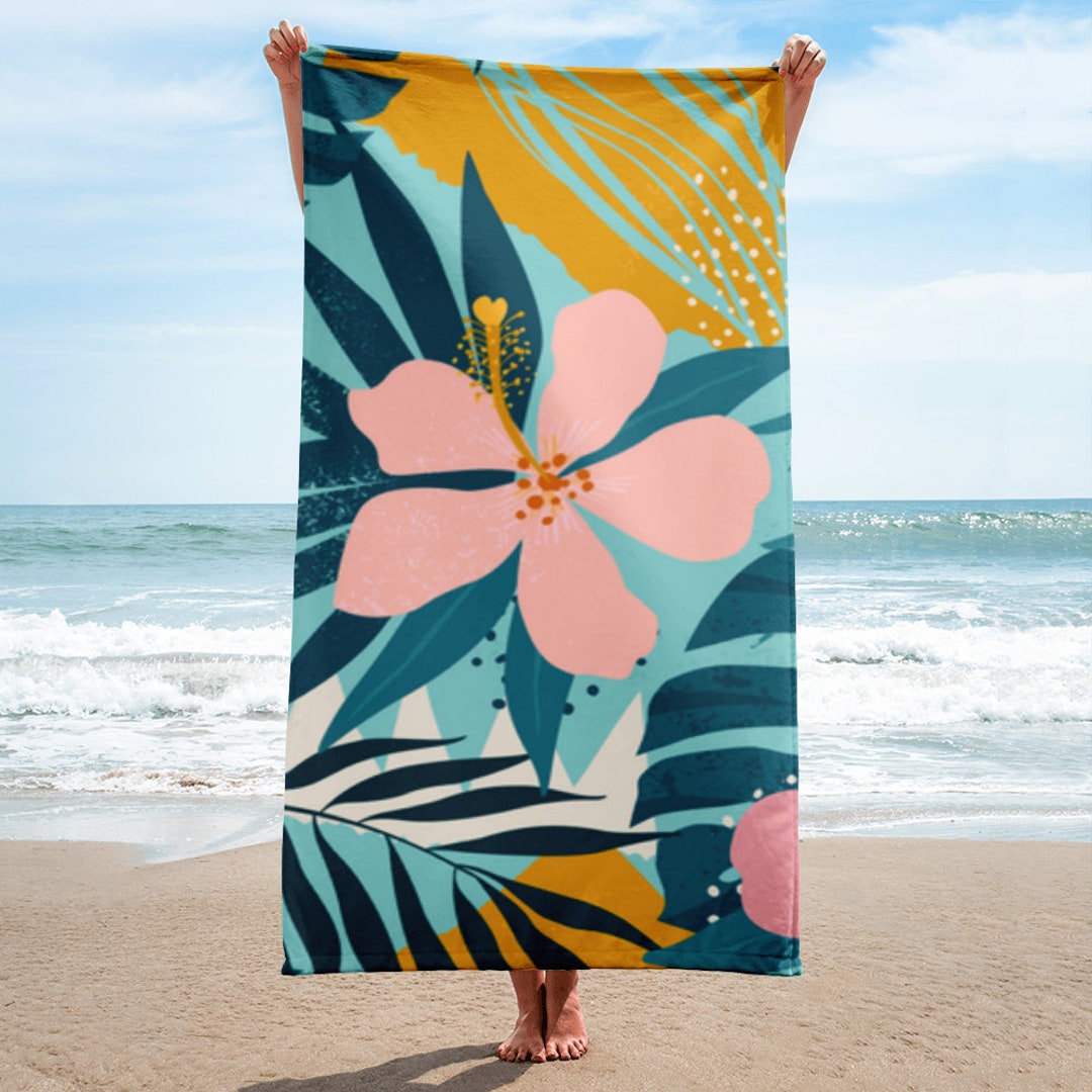 Aloha Pink Hibiscus Palm Tree Towel, Floral Towel, Hawaii Beach Towel ...