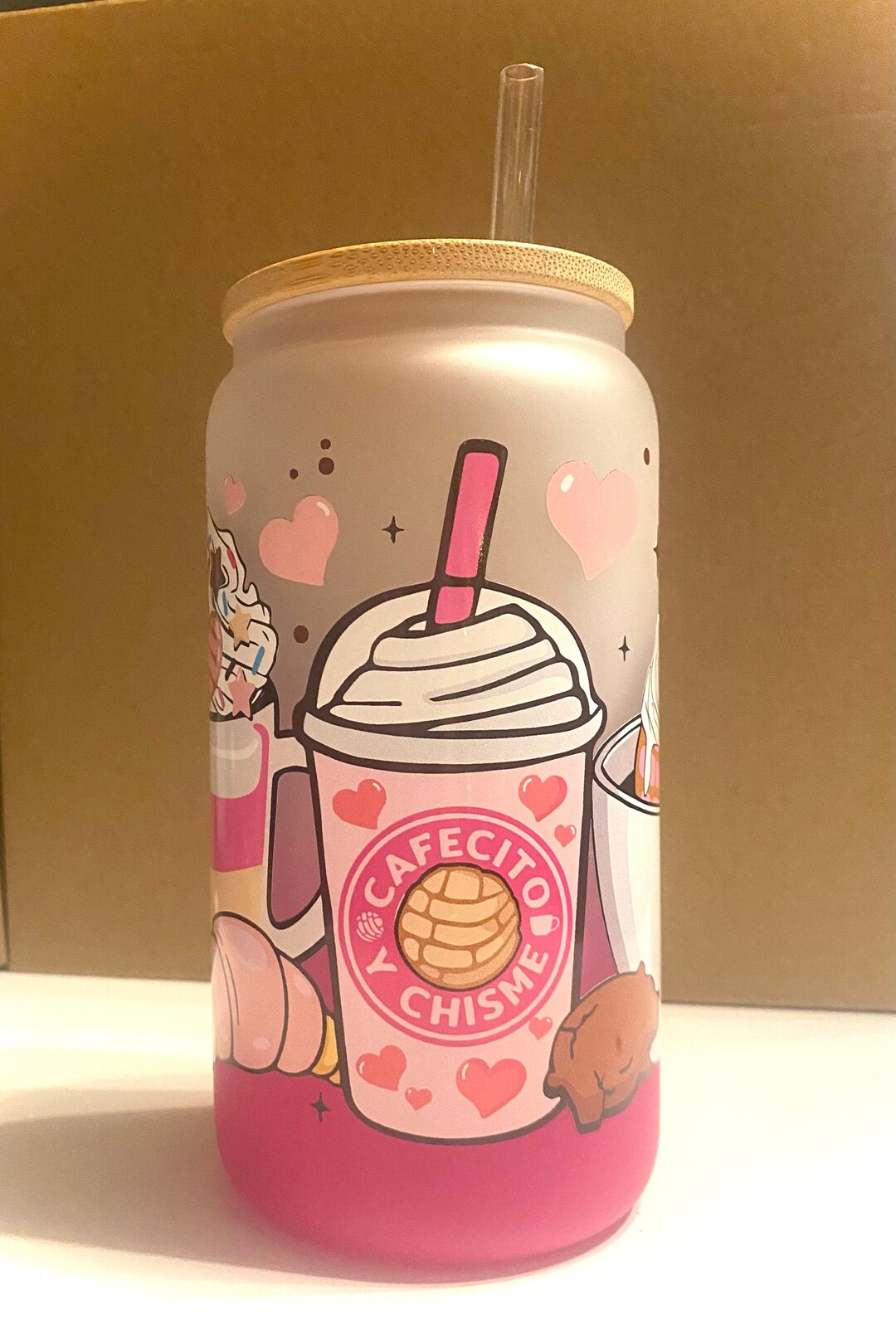 Cafecito Y Chisme Libbey Ombré Pink 16oz Glass Frosted Cup With Lid Etsy
