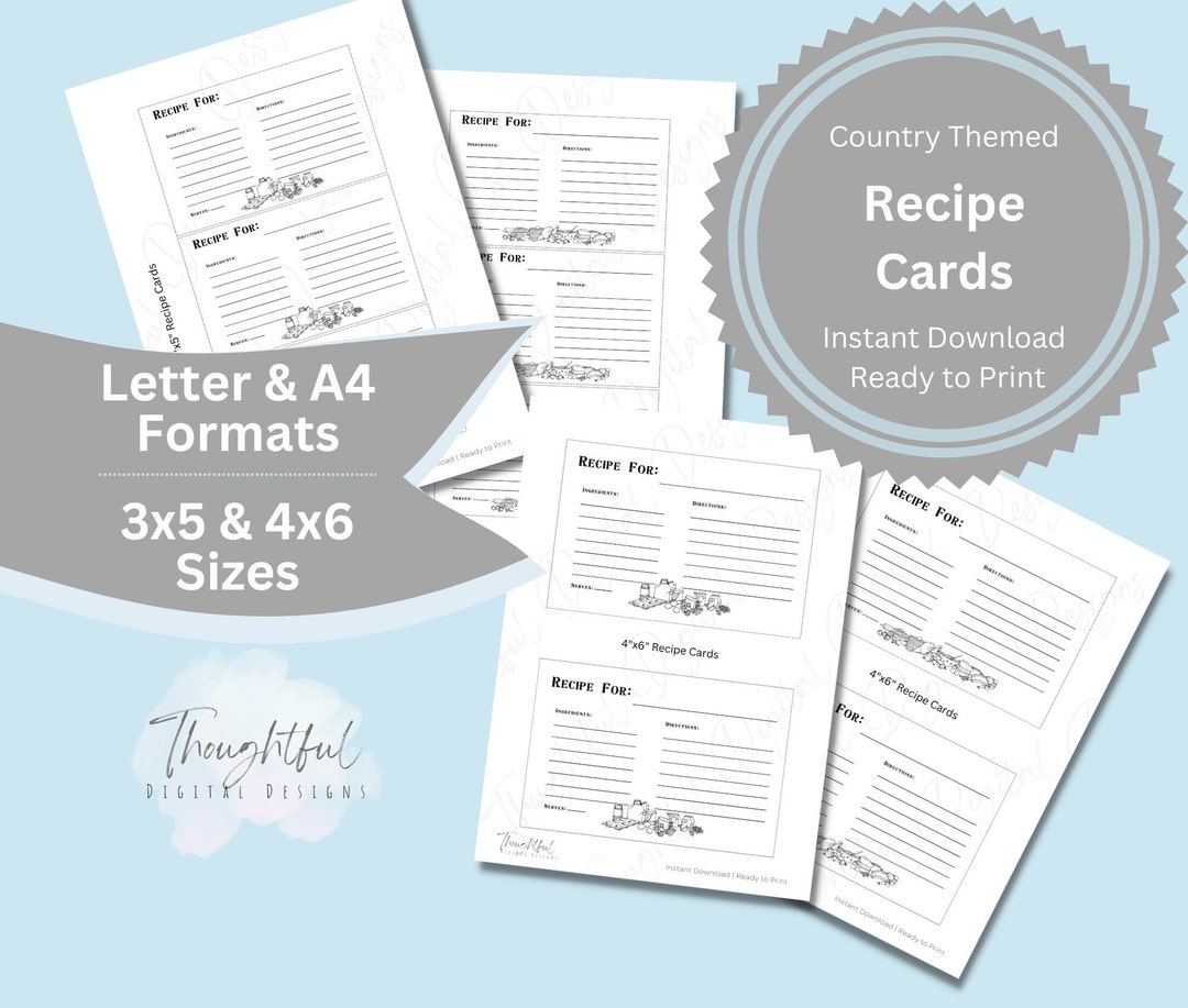Country Themed Printable Recipe Cards Instant Digital - Etsy