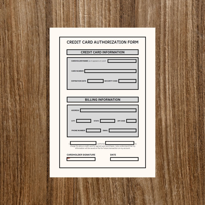 Credit Card Authorization Form PDF Form Fillable Printer - Etsy