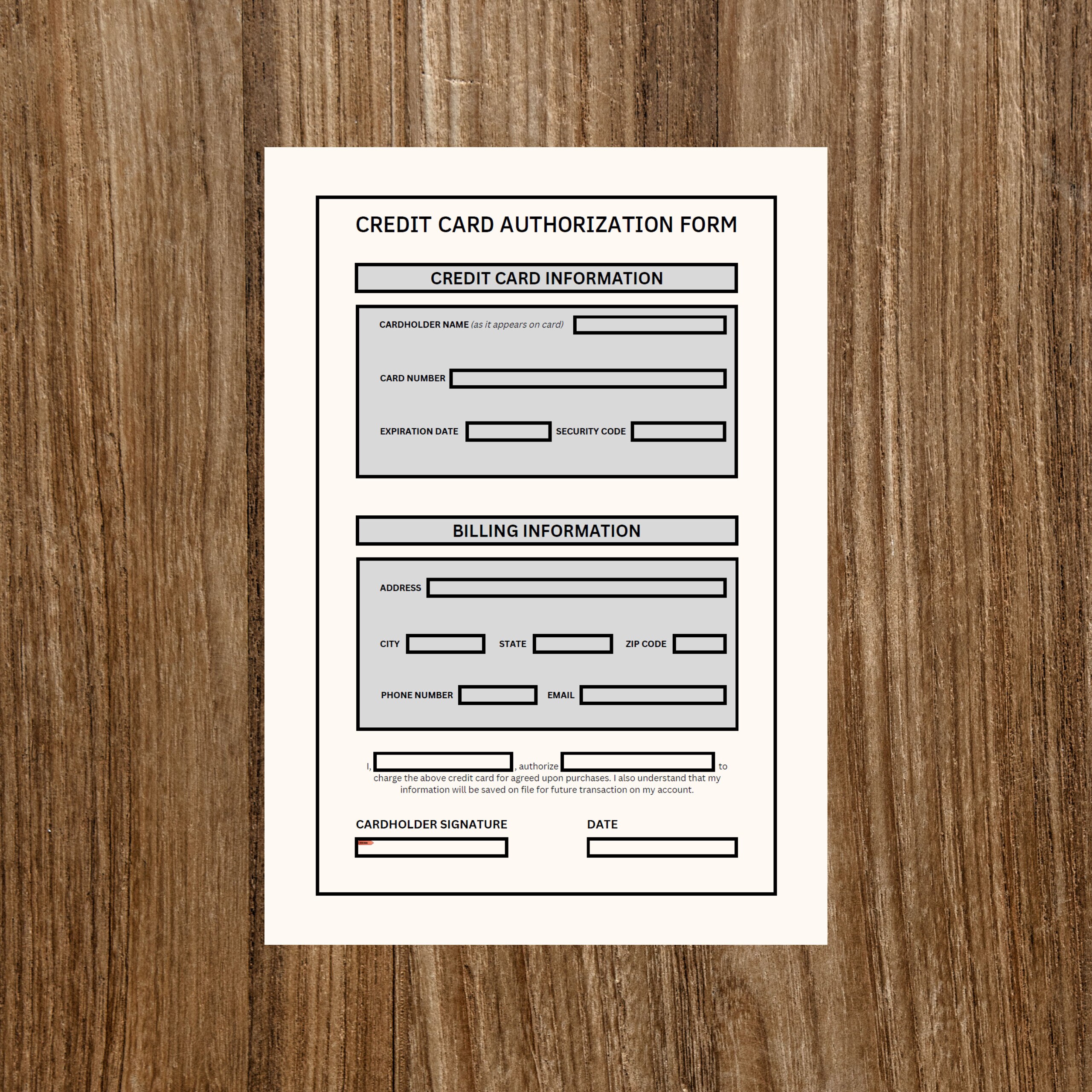 Credit Card Authorization Form PDF Form Fillable Printer - Etsy