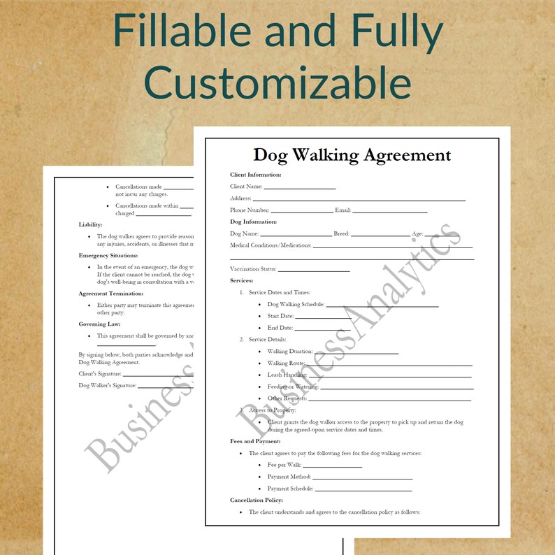 Dog Walking Agreement Template | Customizable, Fillable (digital ...