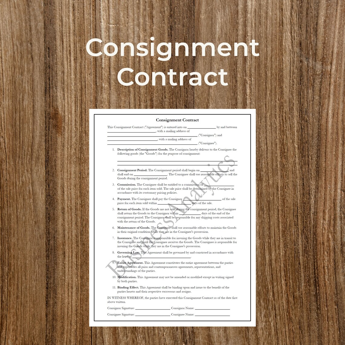 Consignment Contract Form for Small Business Owners Printable Fillable ...