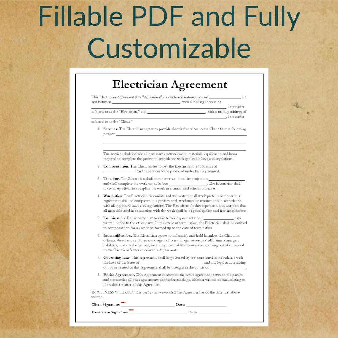 Electrician Contract Agreement Form | Printable | Fillable | PDF ...