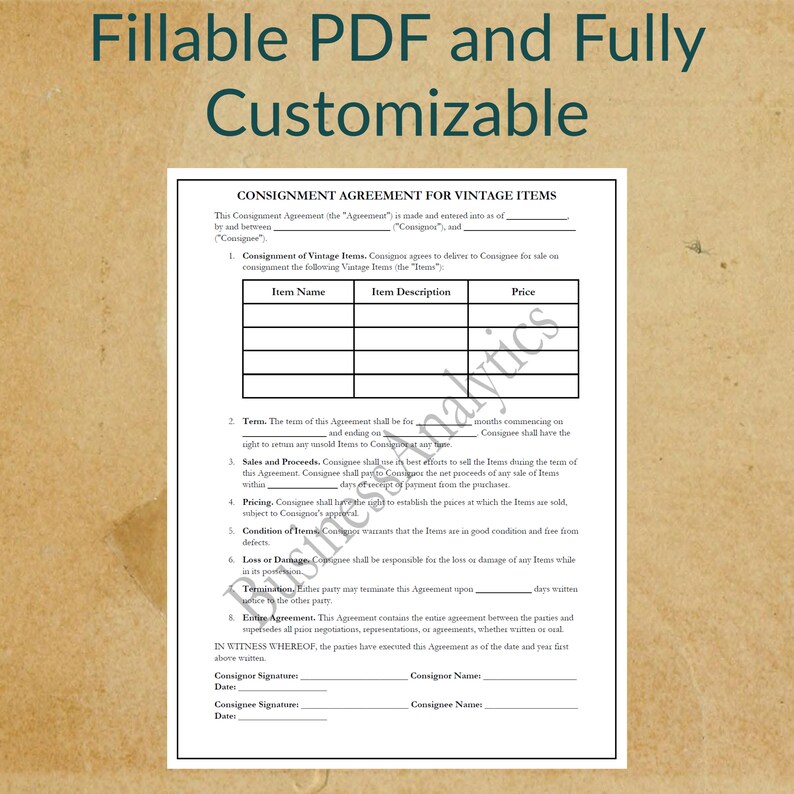 Vintage Consignment Agreement Form for Antique Dealers (digital ...