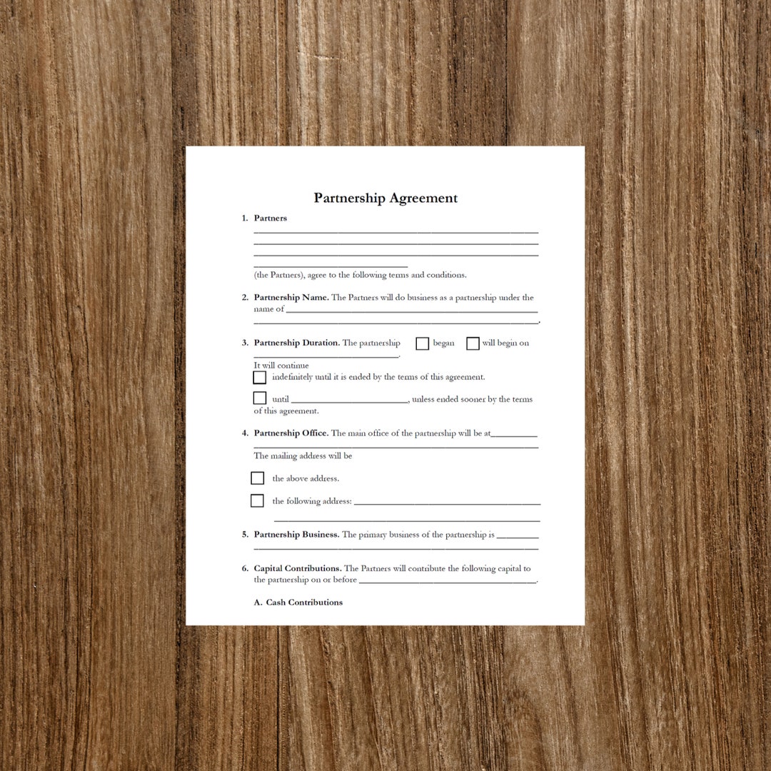 Partnership Agreement PDF Form Fillable Printer Friendly - Etsy