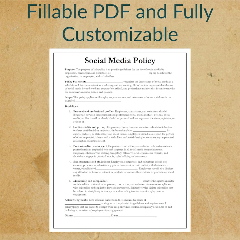 Social Media Policy Form Template | Printable | Fillable | PDF ...