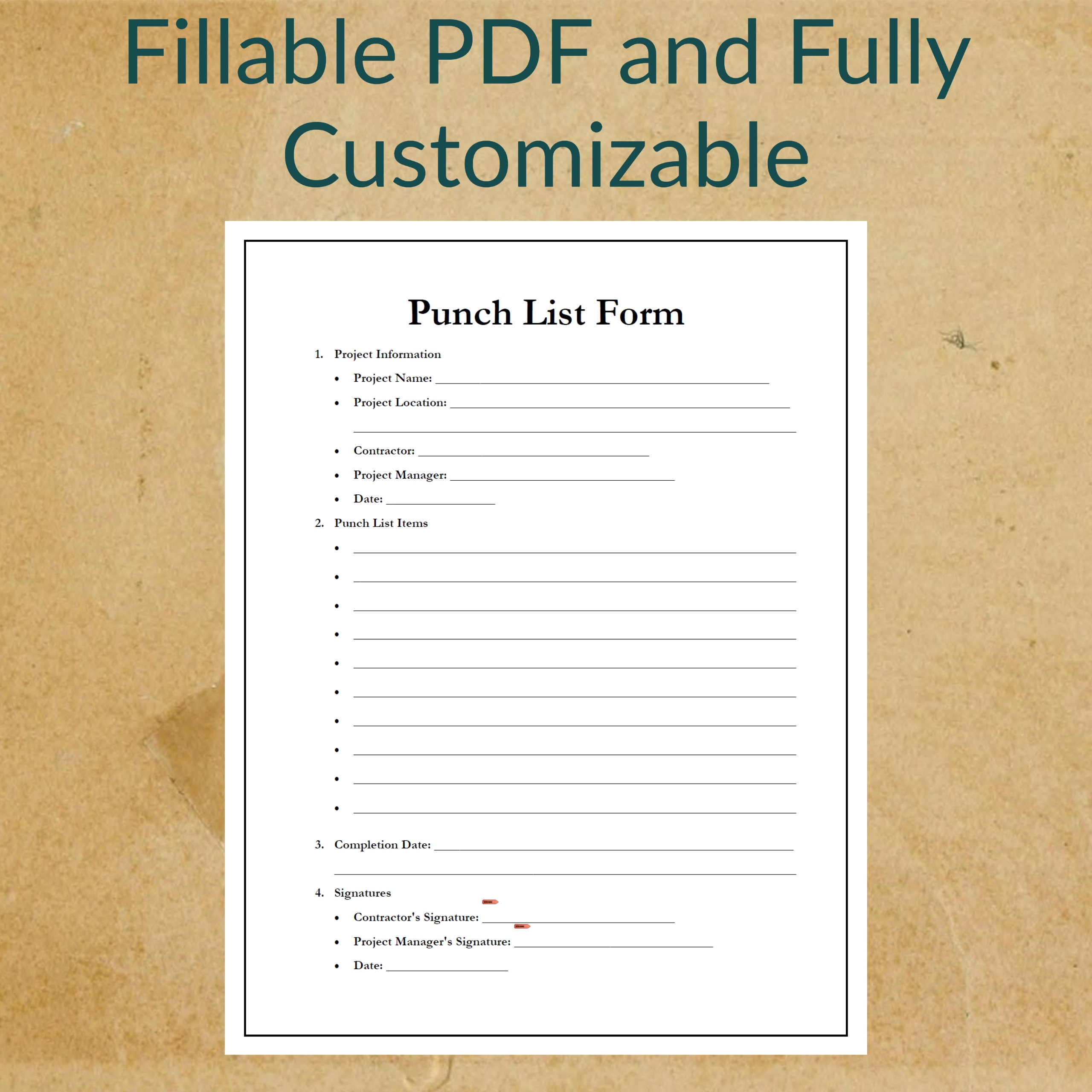 Punch List Form for Construction Projects | Printable | Fillable | PDF ...