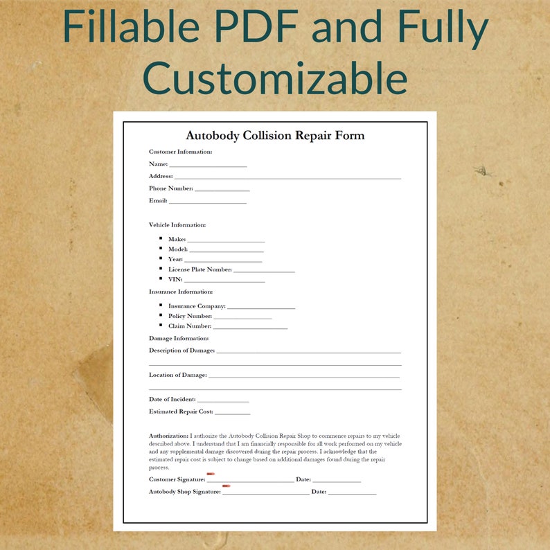 Autobody Collision Repair Form – Printable & Fillable (PDF) - Etsy