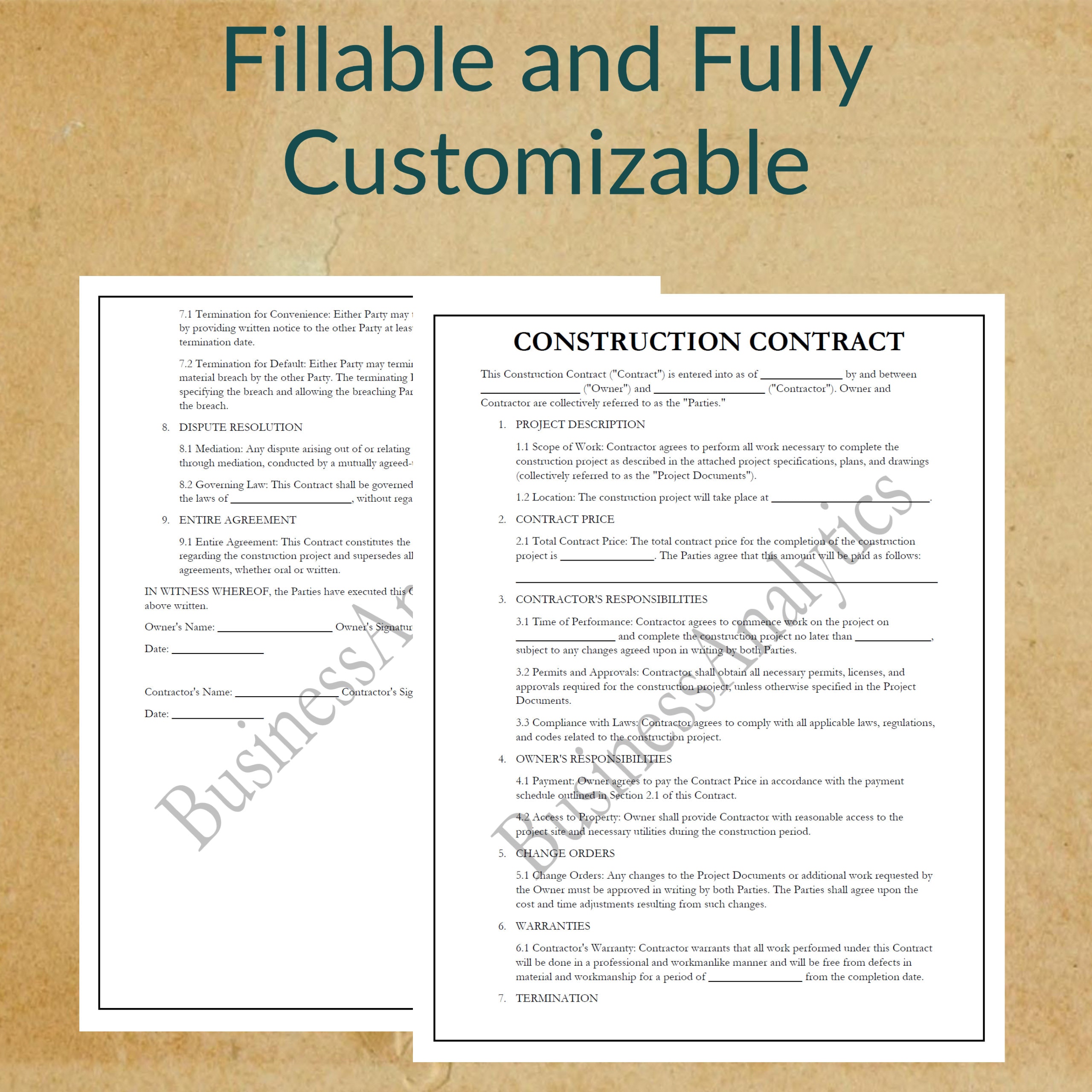 Construction Contract Template | Contractor Forms | Business Forms ...