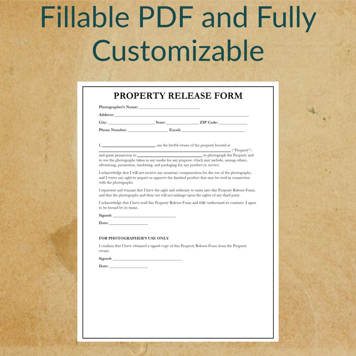 Property Release Form for Photographers | Printable | Fillable | PDF ...
