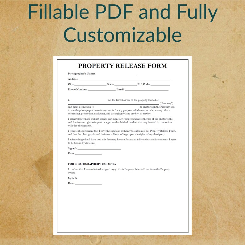 Property Release Form for Photographers | Printable | Fillable | PDF ...
